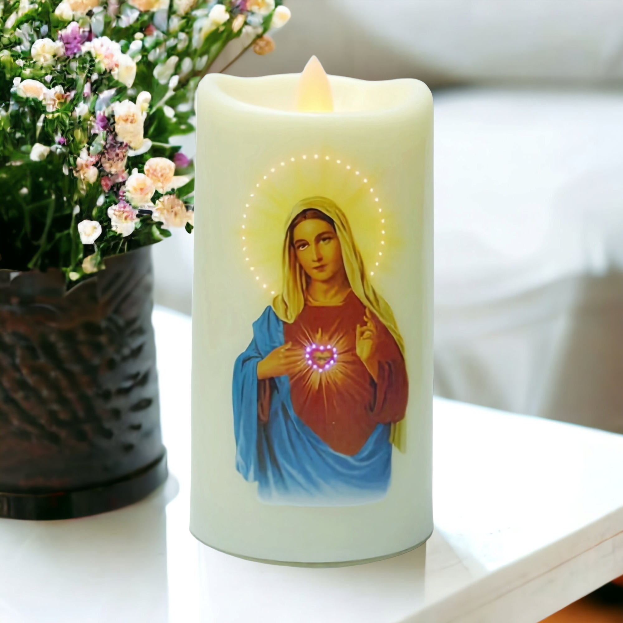 Buy Catholic Sacred Heart Mother Mary LED Light Up Flameless Pillar ...