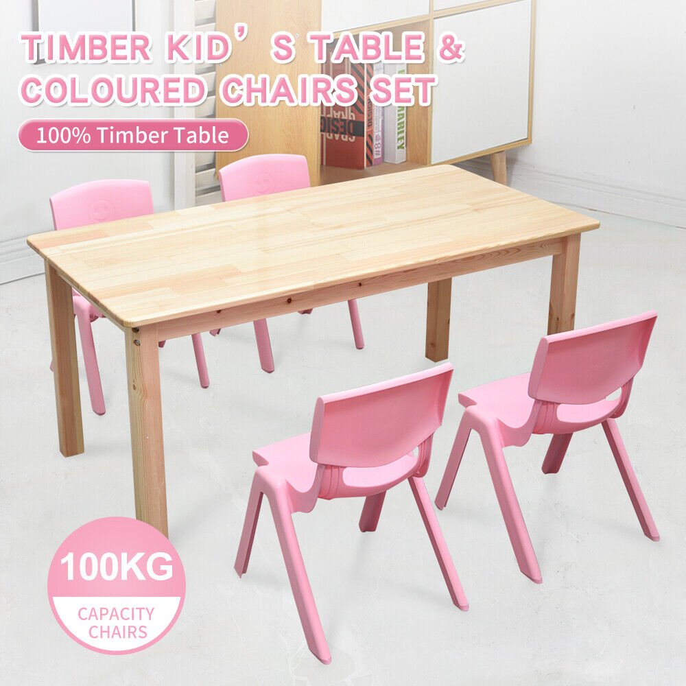 Buy FTYP 120X60Cm Wooden Pinewood Timber Kids Study Table & 4 Pink Plastic Chairs Set - MyDeal ...