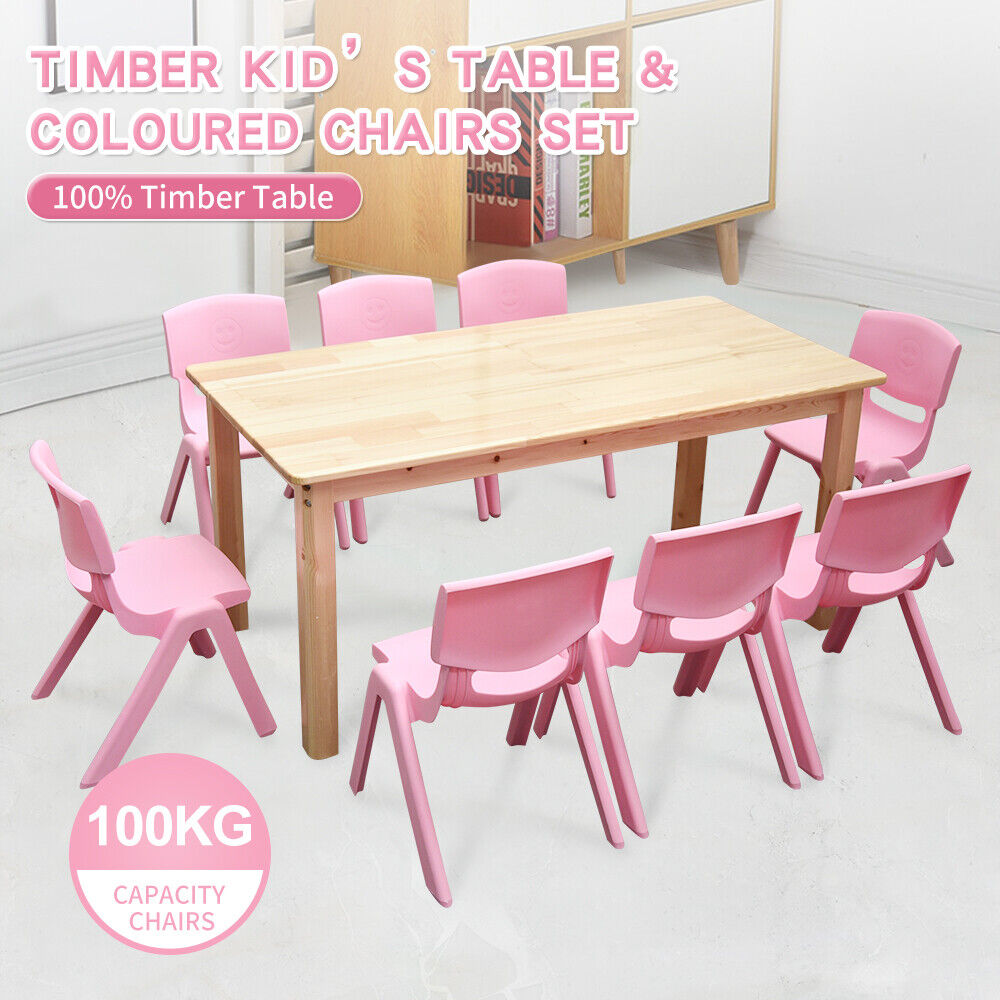 Buy FTYP 120X60Cm Wooden Pinewood Timber Kids Study Table & 8 Pink ...