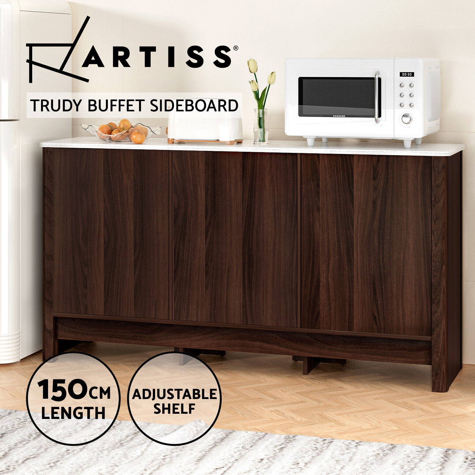 Buy FTYP Buffet Sideboard Cupboard Cabinet Marble Style Tabletop Walnut ...