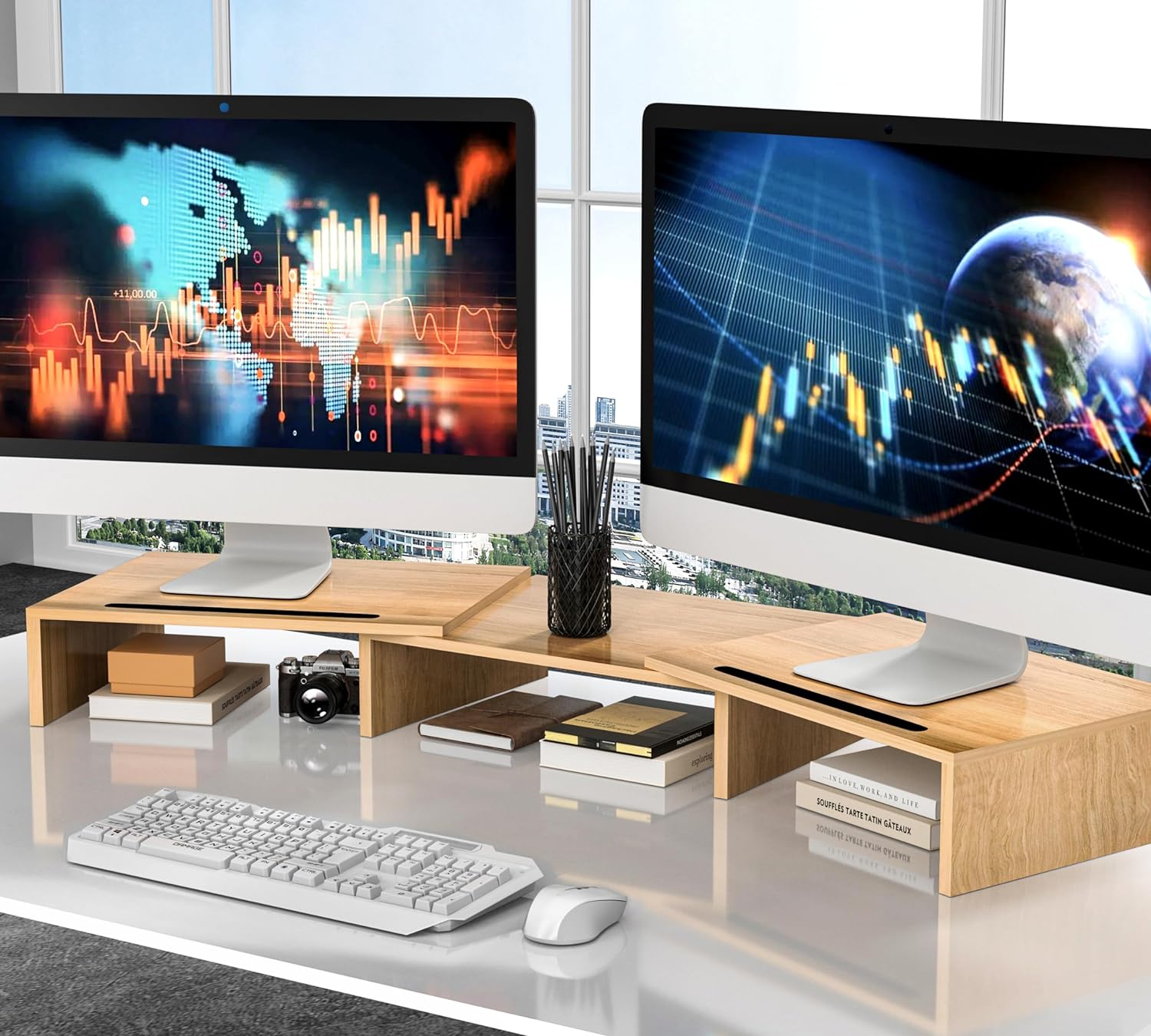 Buy Wooden Dual Monitor Riser and Desk Organizer with Phone/Pad Holder ...