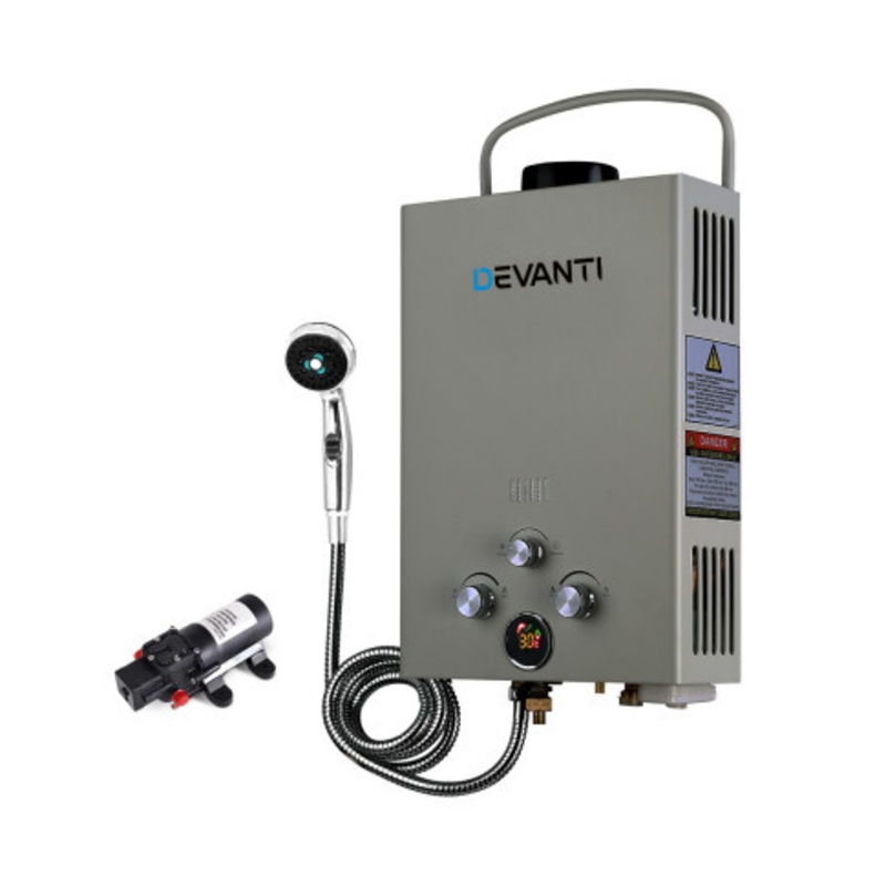 Buy Devanti Grey Portable Gas Hot Water Heater with 12V Water Pump - MyDeal