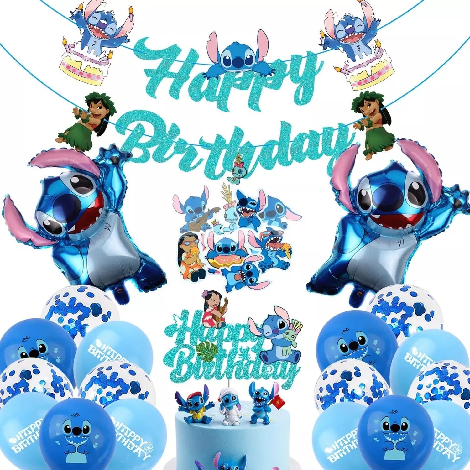 Buy Stitch Theme Party Decoraring Set Birthday Banner Cake Toppers ...