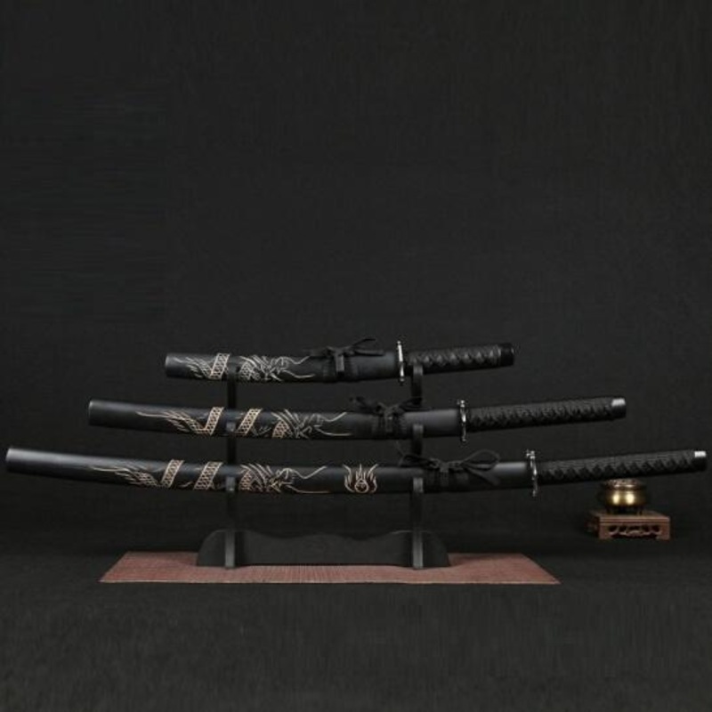 Buy Black Engraved Dragon Japanese Samurai Katana Sword Set with Stand ...