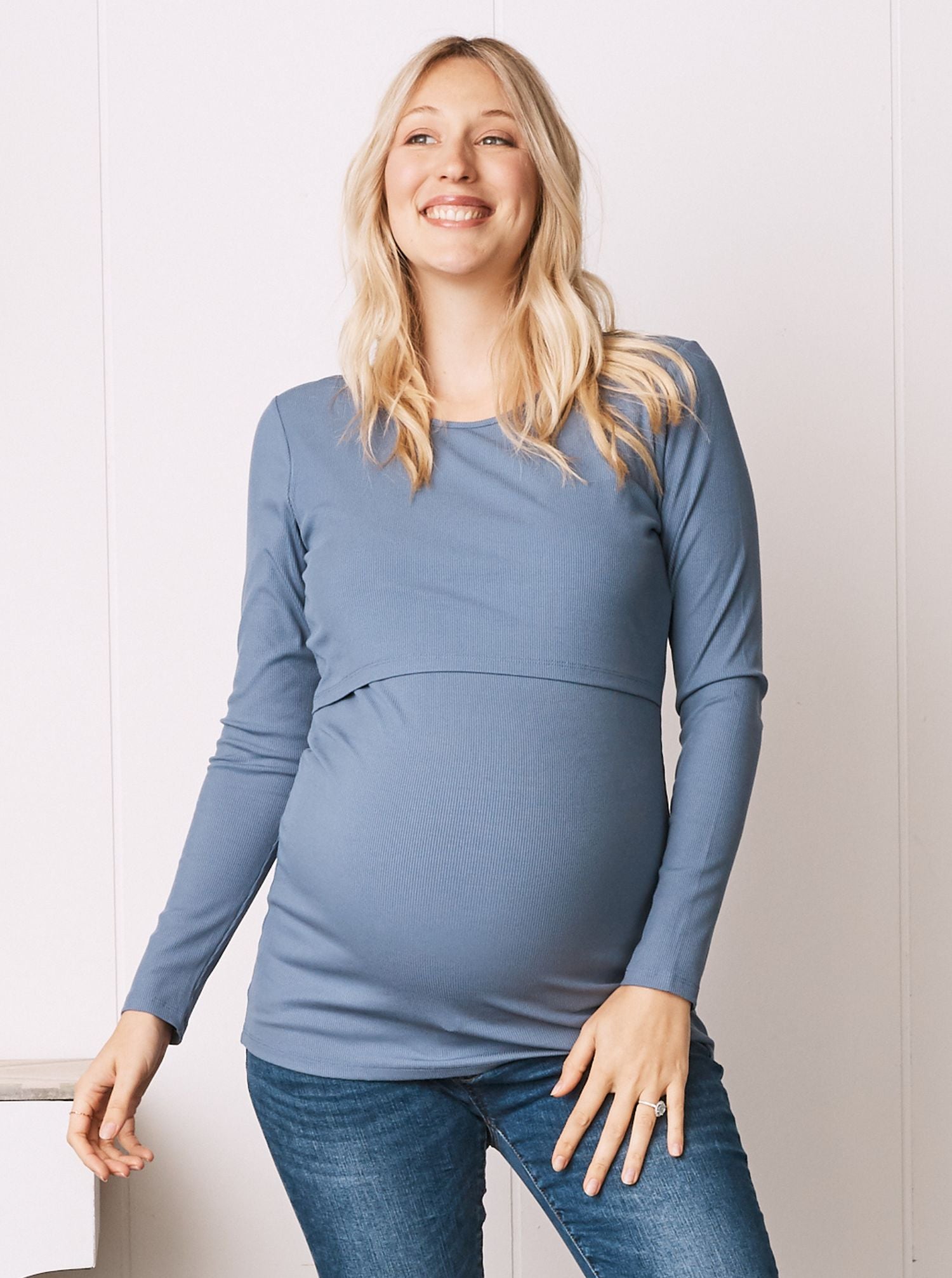 Buy Steel Blue Long Sleeve Maternity & Pull-up Nursing Top - MyDeal ...