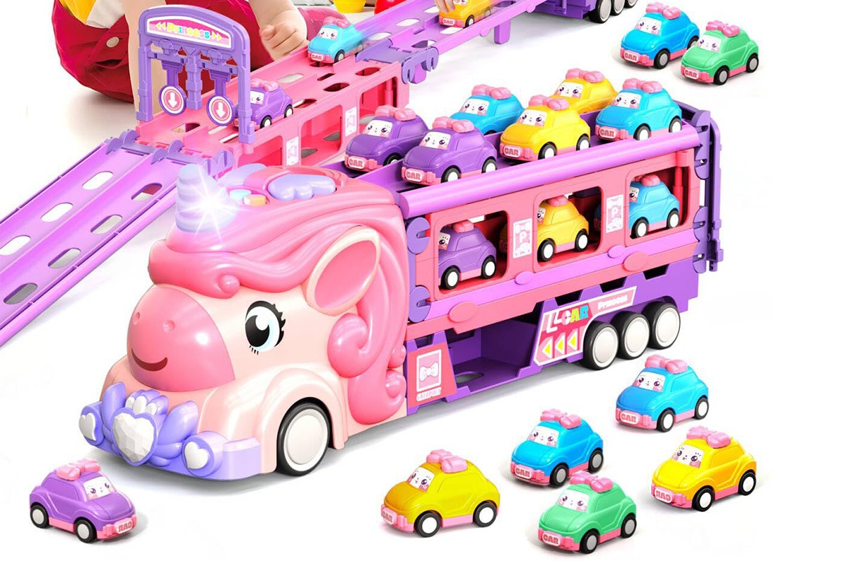 Buy Car Toys Unicorn Toys Truck with Foldable Race Track and 6 Princess ...