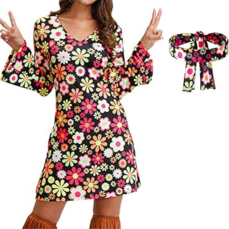 Buy 70s 80s Women Hippie Costume Set Disco Outfit Headband Dress Cosplay Party Gifts,Black - 3XL ...