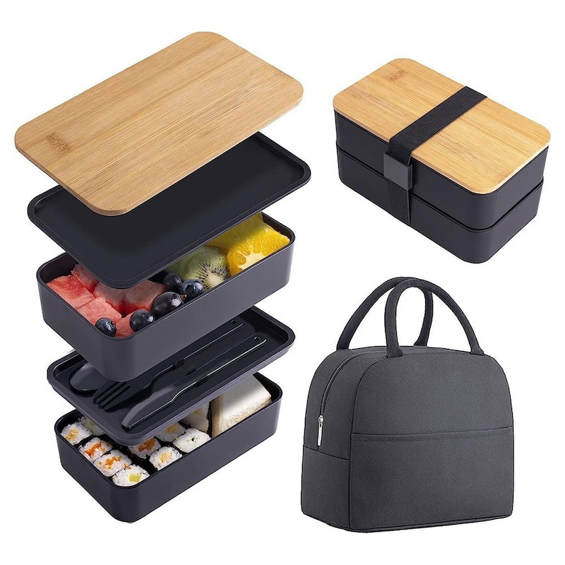 Buy Bento Box 2 Layer Stackable Leak-Proof Japanese Lunch Box with Spoon Fork-Black - MyDeal ...