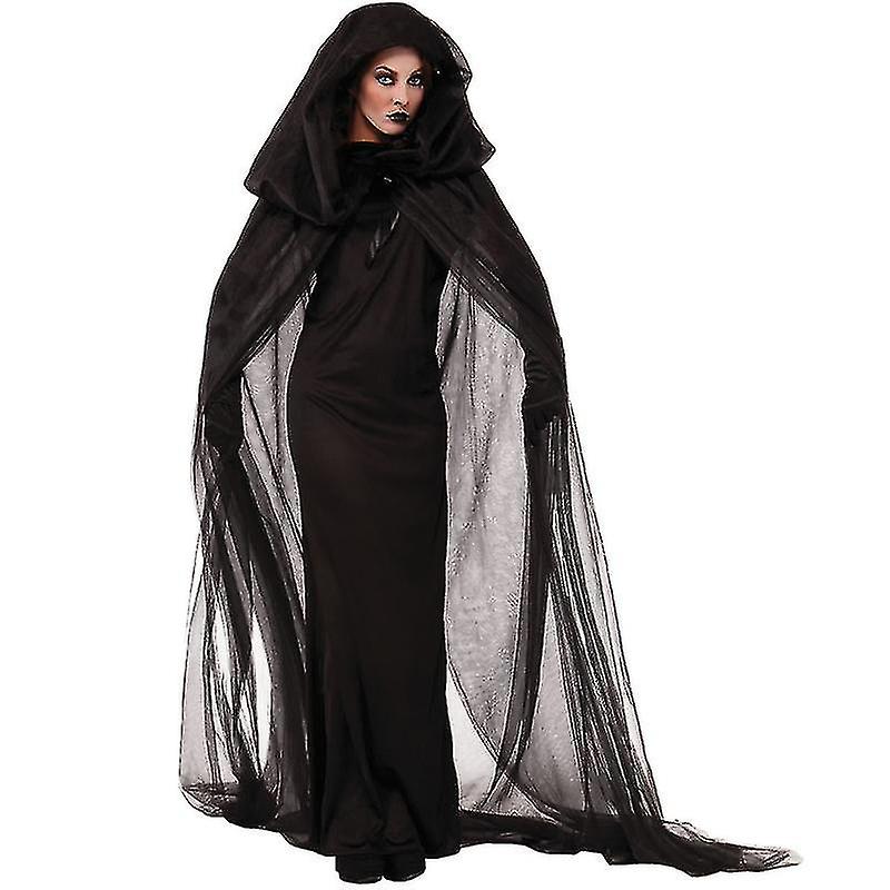 Buy Halloween Witch Grim Reaper Cosplay Women Sheer Hooded Cloak Dress ...