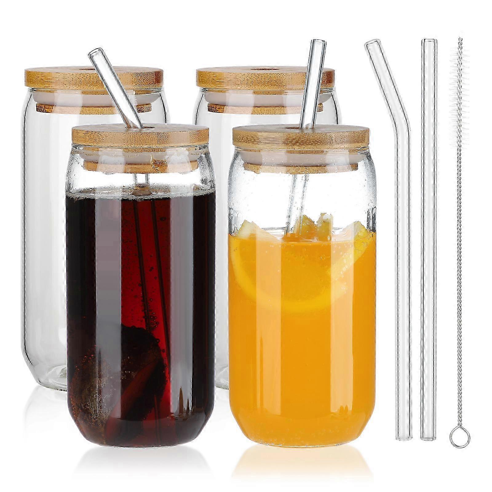 Buy Durable Mason Jar Cups, 4-Pack with Bamboo Lids and Glass Straws ...