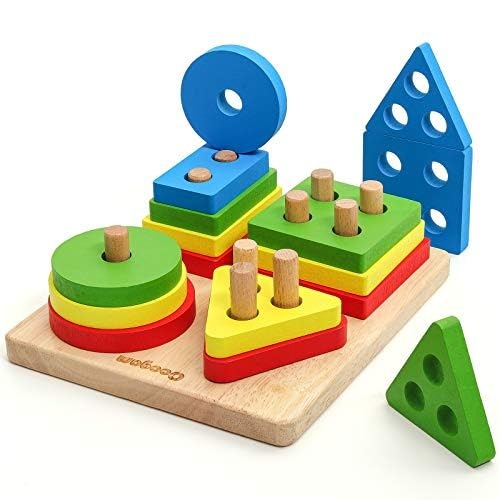 Buy JOYBUY Wooden Shape Sorting Stacking Blocks with Lacing String ...