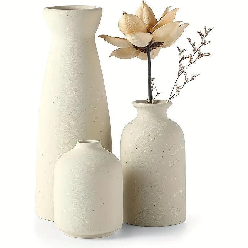Buy Set of 3 Ceramic Vases Rustic Farmhouse Decorative Beige - MyDeal ...