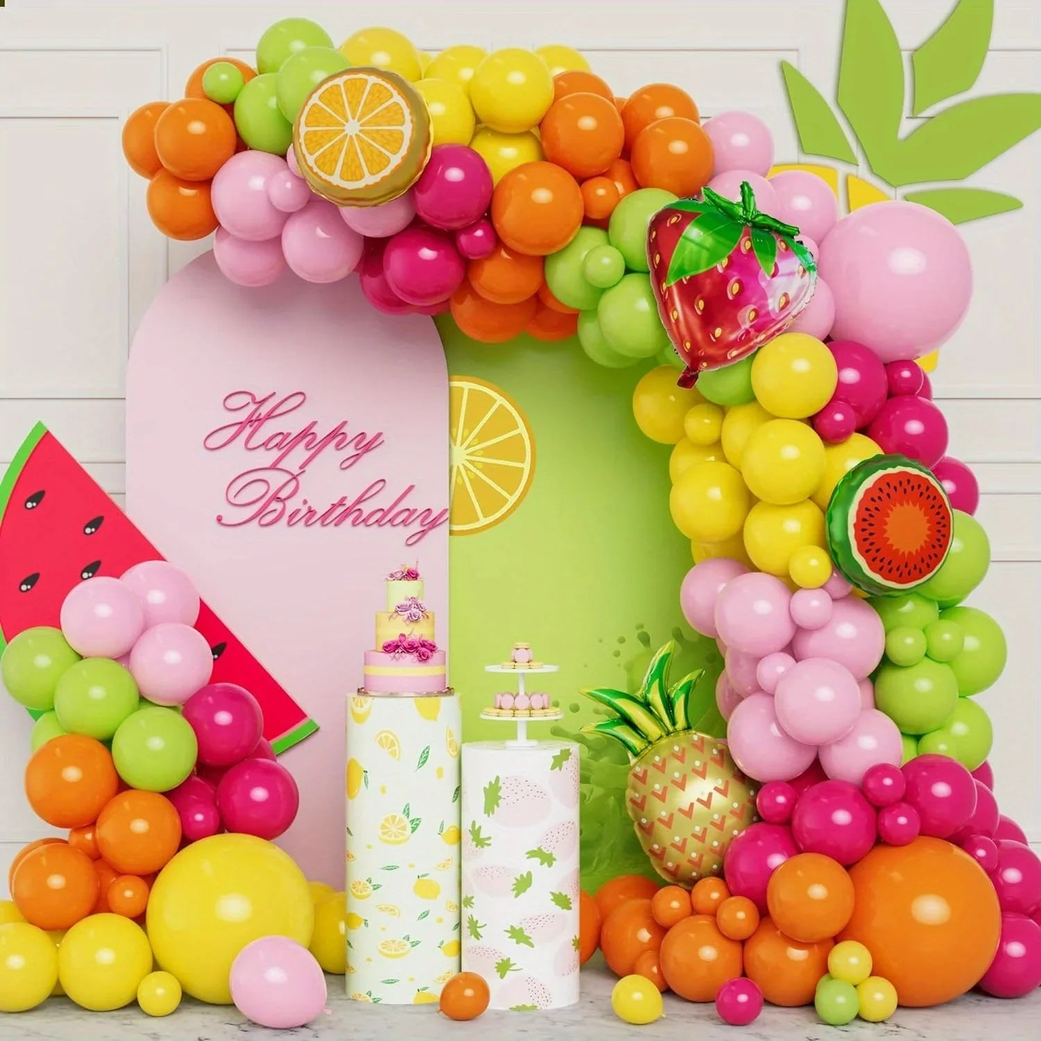 Buy 123 Pcs Yellow Pink Tropical Fruit Balloon Set Pineapple Strawberry Shape Aluminum Film ...