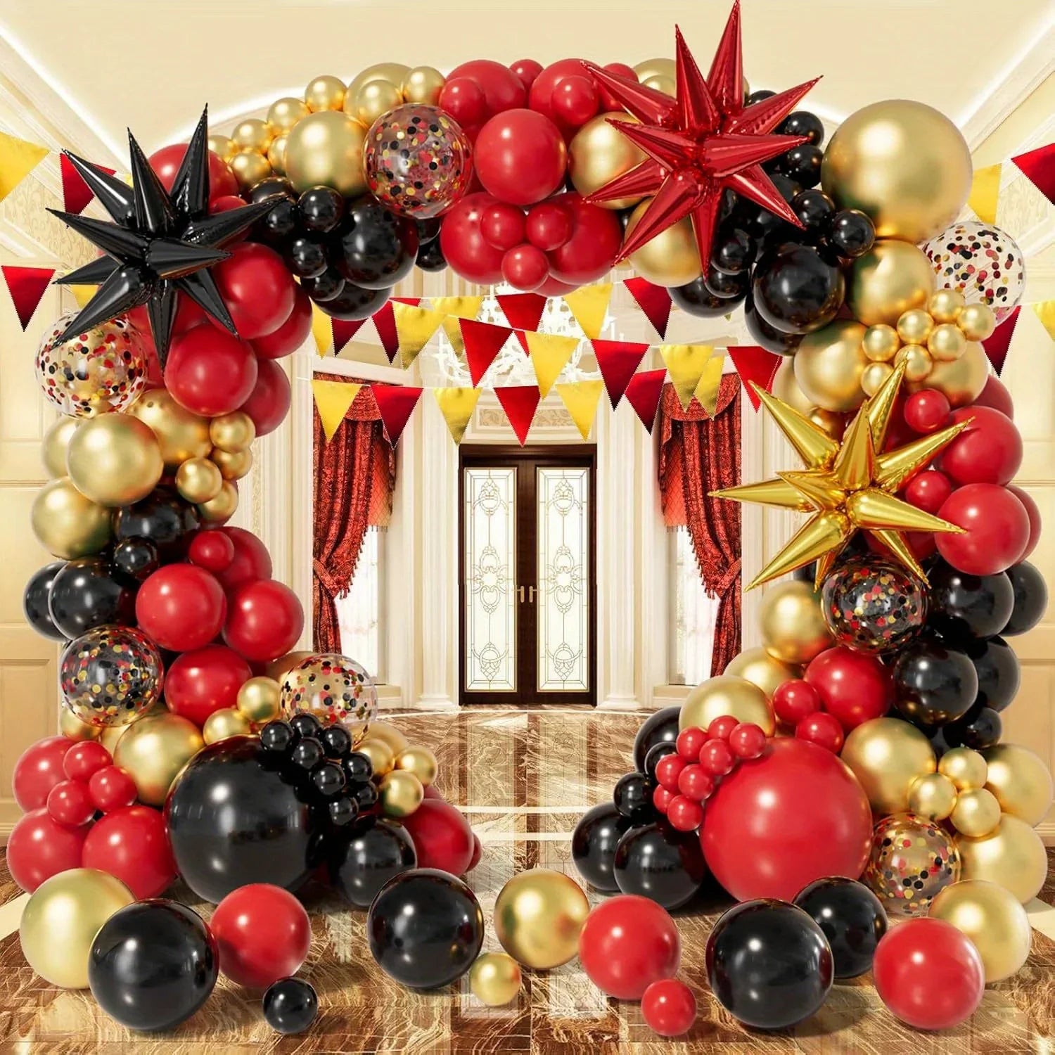 Buy 131Pcs Red And Gold Balloon Garland Arch Kit Exploding Star Balloon ...