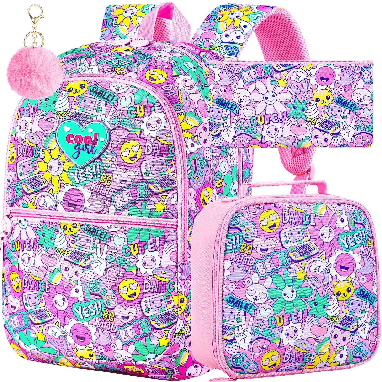 Buy 3 Piece Girls Backpack Set With Lunch Box 16.5 Inch Smile Face ...