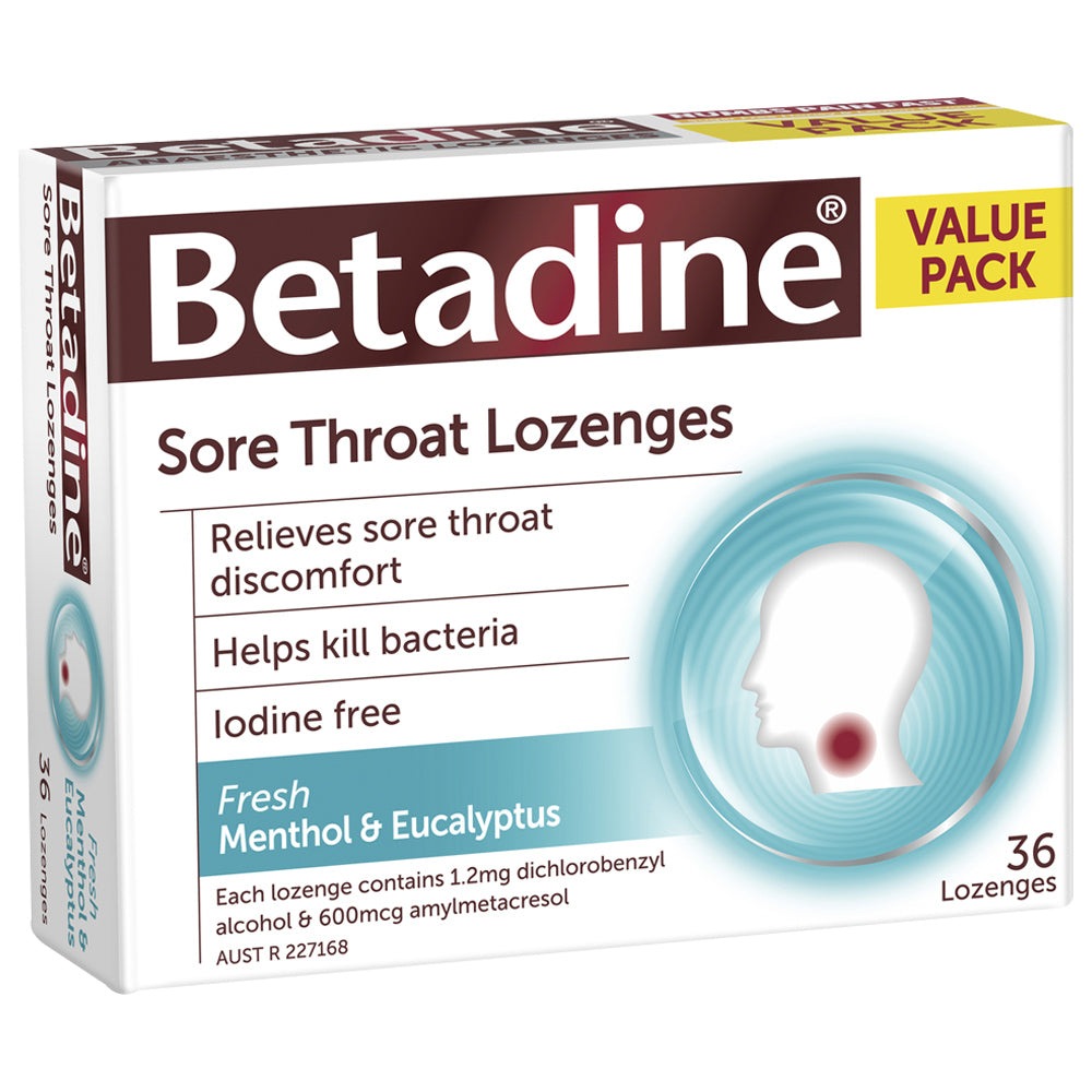 Buy Betadine Sore Throat Lozenges Menthol & Eucalyptus Flavour ...