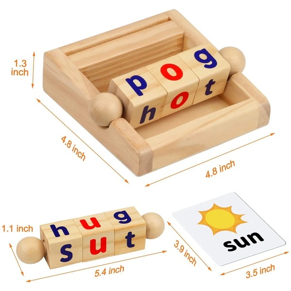 Buy Montessori Wooden Reading Blocks Flash Cards Short Vowel Letters ...