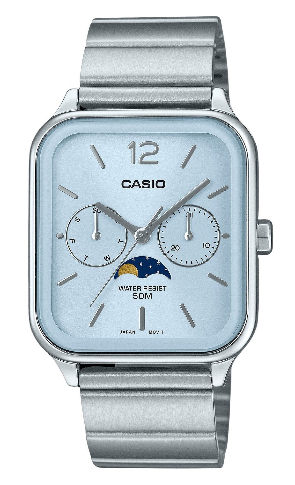 Buy Casio Moon Phase Day/Date Stainless Steel Baby Blue Dial MTPM305D ...