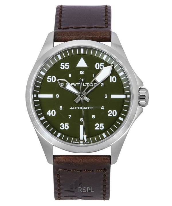 Buy Hamilton Khaki Aviation Pilot Leather Strap Green Dial Automatic ...
