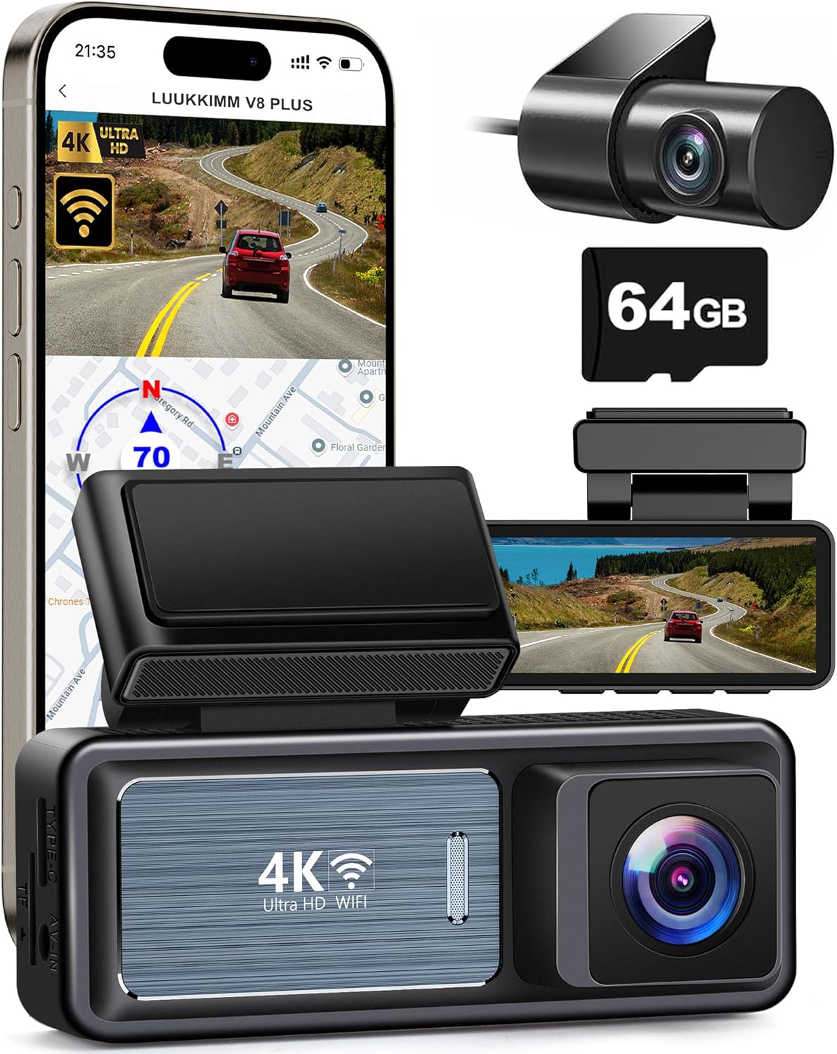Buy 4K Dash Cam Front and Rear, Built-in WiFi GPS 2160P+1080P UHD Night ...