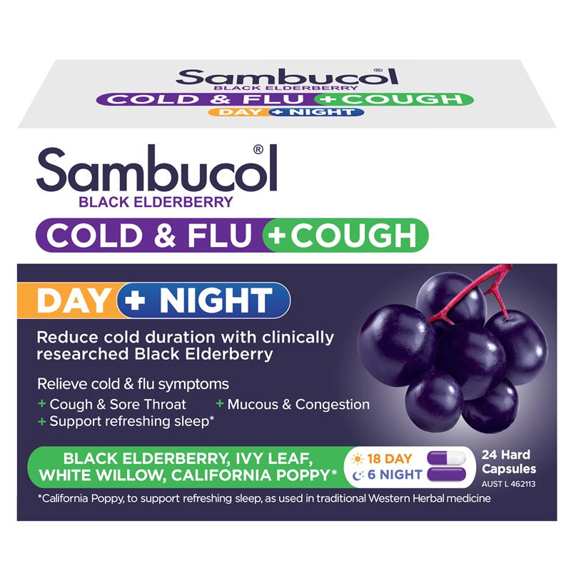 Buy Sambucol Cold & Flu + Cough Day & Night 24 Capsules - Comprehensive ...