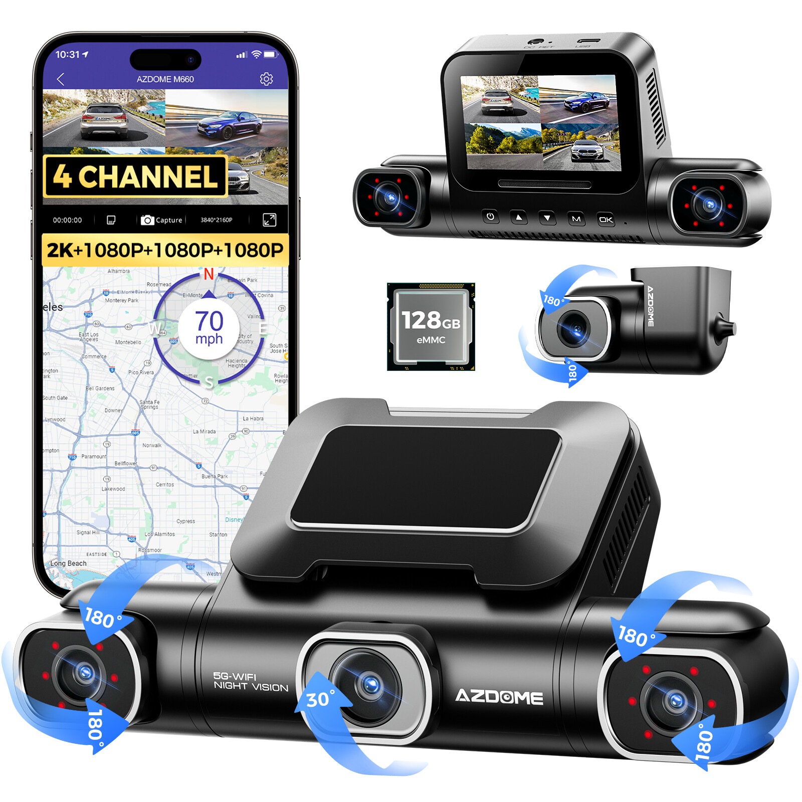 Buy 4K 4 Lens Dash Cam GPS 5GWiFi 2K/1080P 3"DVR Motion Detection 128GB ...