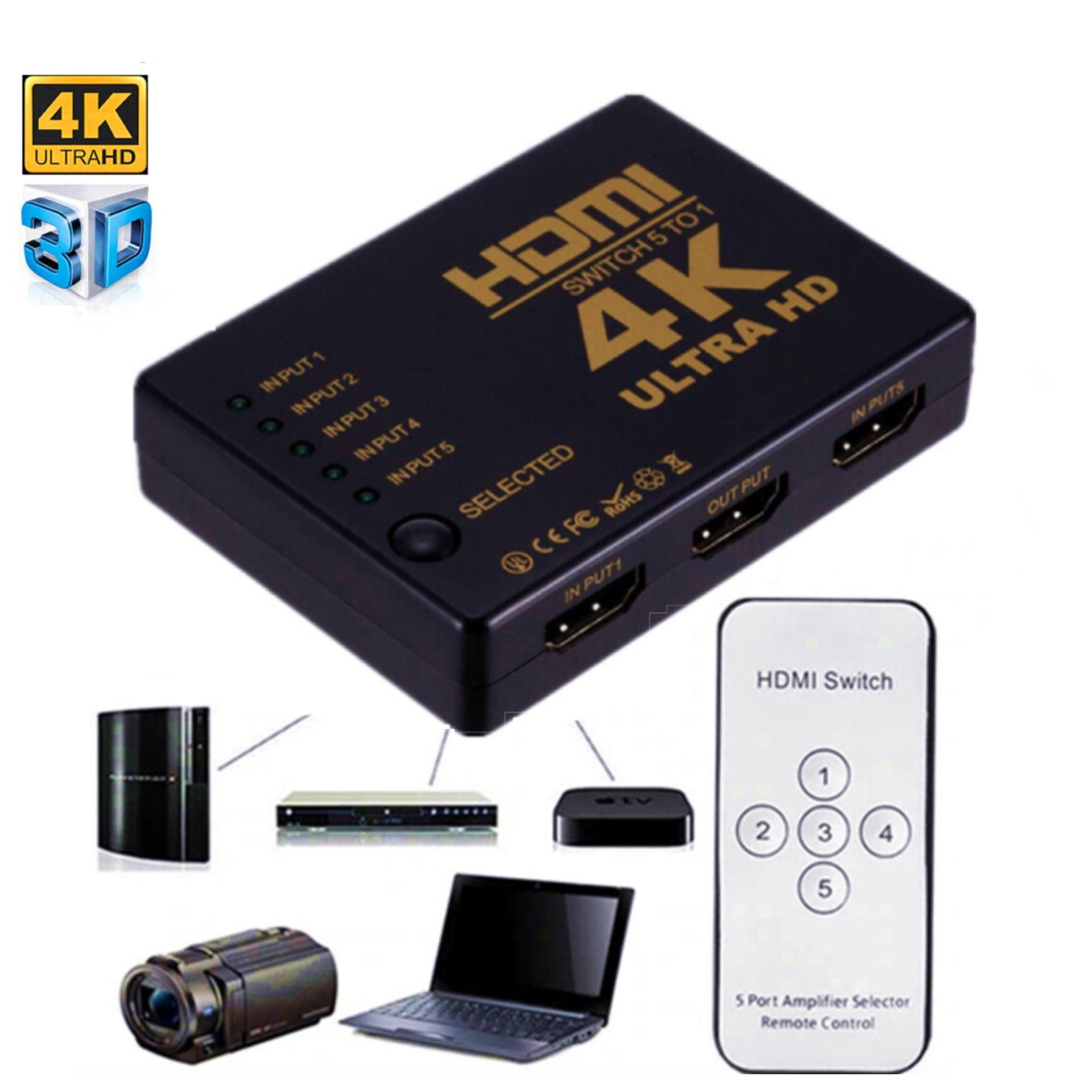 Buy 4K Ultra HD HDMI Splitter Switch Hub Adapter 5 Port HDTV Remote ...