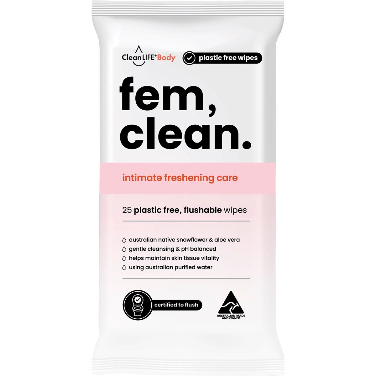 Buy CleanLIFE Fem Clean Intimate Flushable Plastic Free Wipes 25 Pack ...