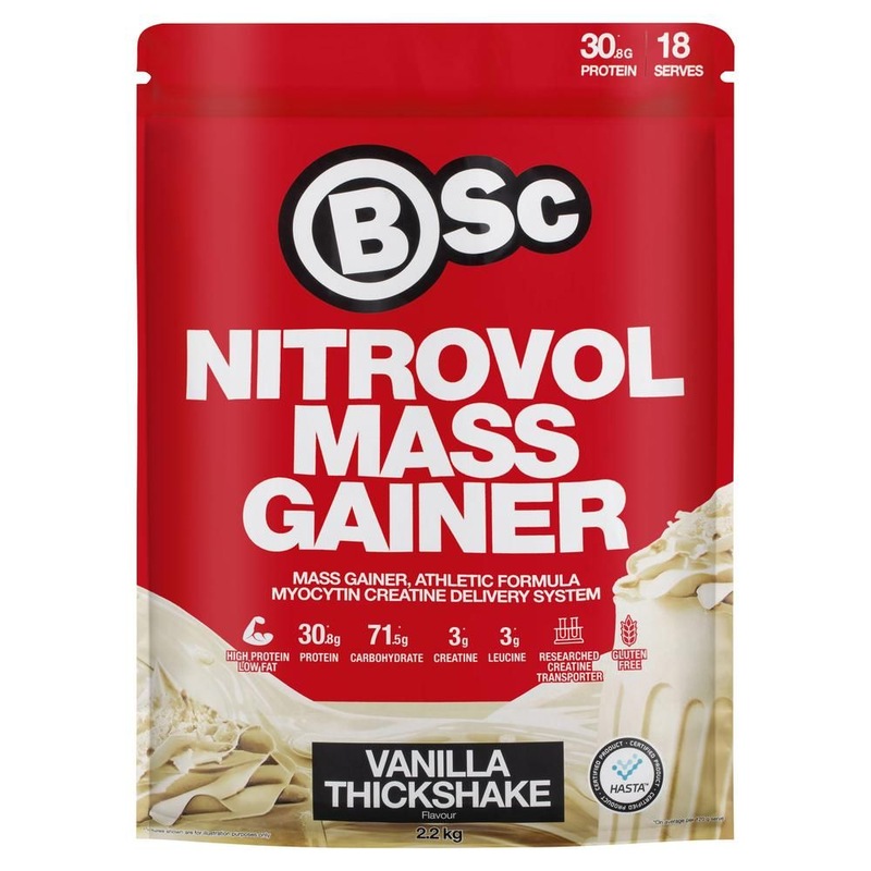 Buy BSc Nitrovol Mass Gainer Protein Powder Vanilla Thickshake - 2.2kg ...
