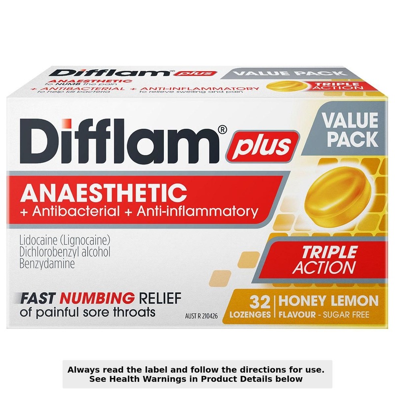 Buy Difflam Plus Anaesthetic Sore Throat Lozenges Honey & Lemon 32 Pack ...