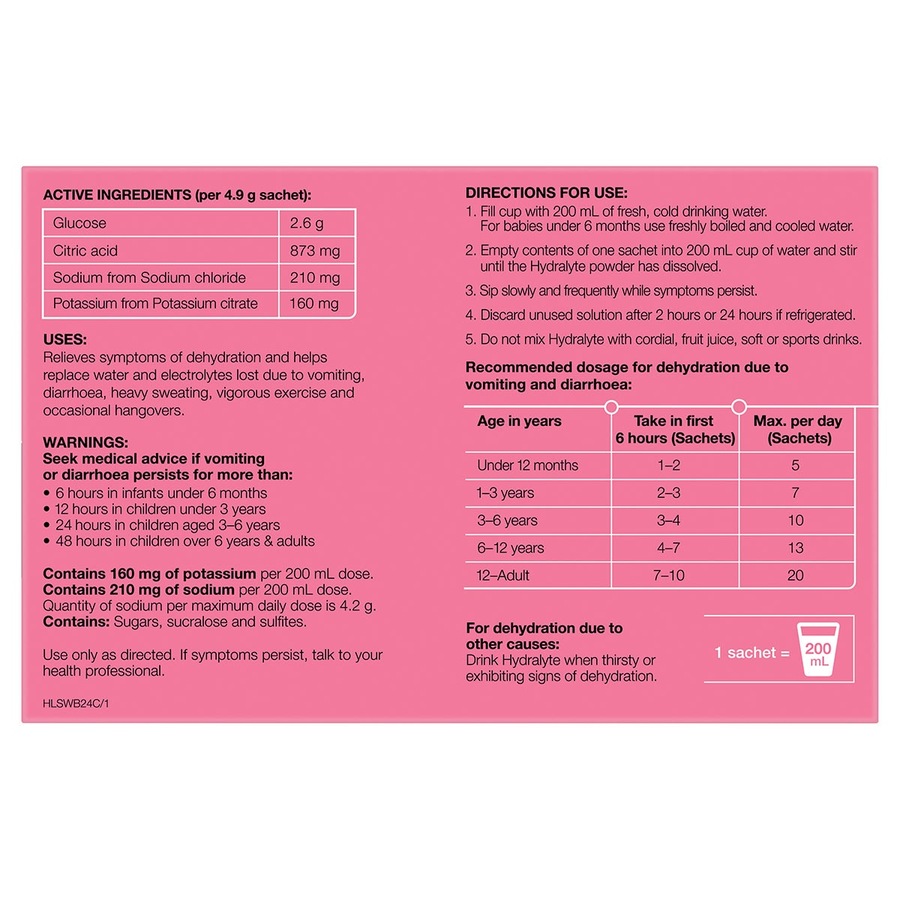 Buy Hydralyte Electrolyte Powder Watermelon Burst 24 x 4.9g Sachets ...
