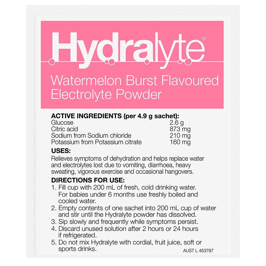 Buy Hydralyte Electrolyte Powder Watermelon Burst 24 x 4.9g Sachets ...