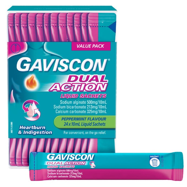 Buy Gaviscon Dual Action Liquid Peppermint Sachet 10ml X 24 - MyDeal ...