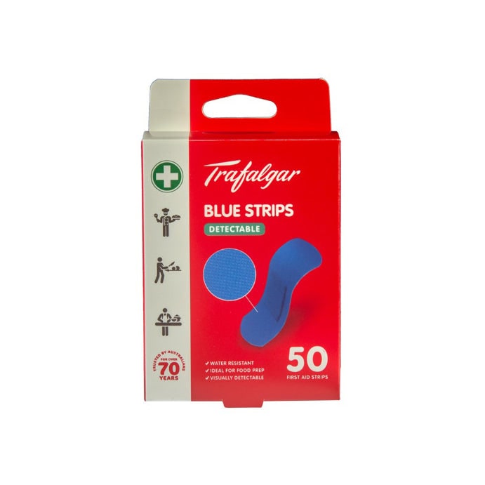 Buy Trafalgar First Aid Blue Plastic Strips 50 Pack - MyDeal Australia