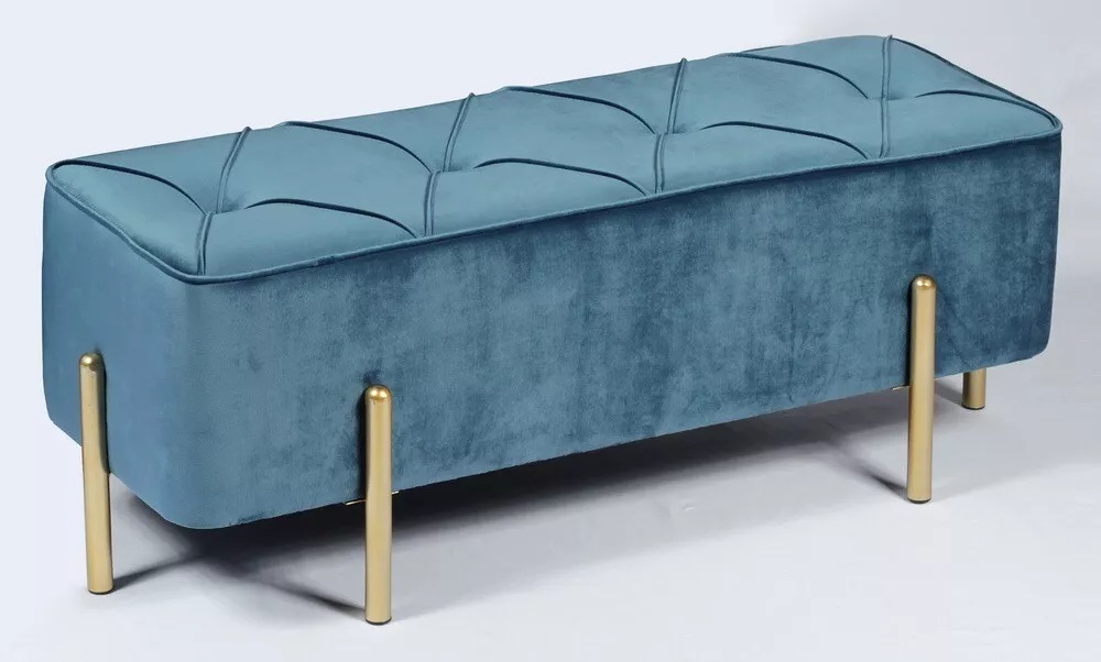 Buy 1x 107cm bench seat with metal gold legs blue velvet - MyDeal Australia