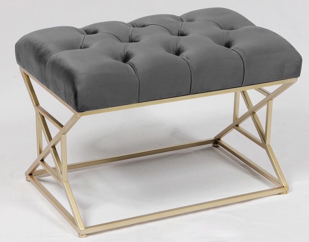 Buy Tufted bench seat with gold metal base charcoal velvet 60W 44H ...
