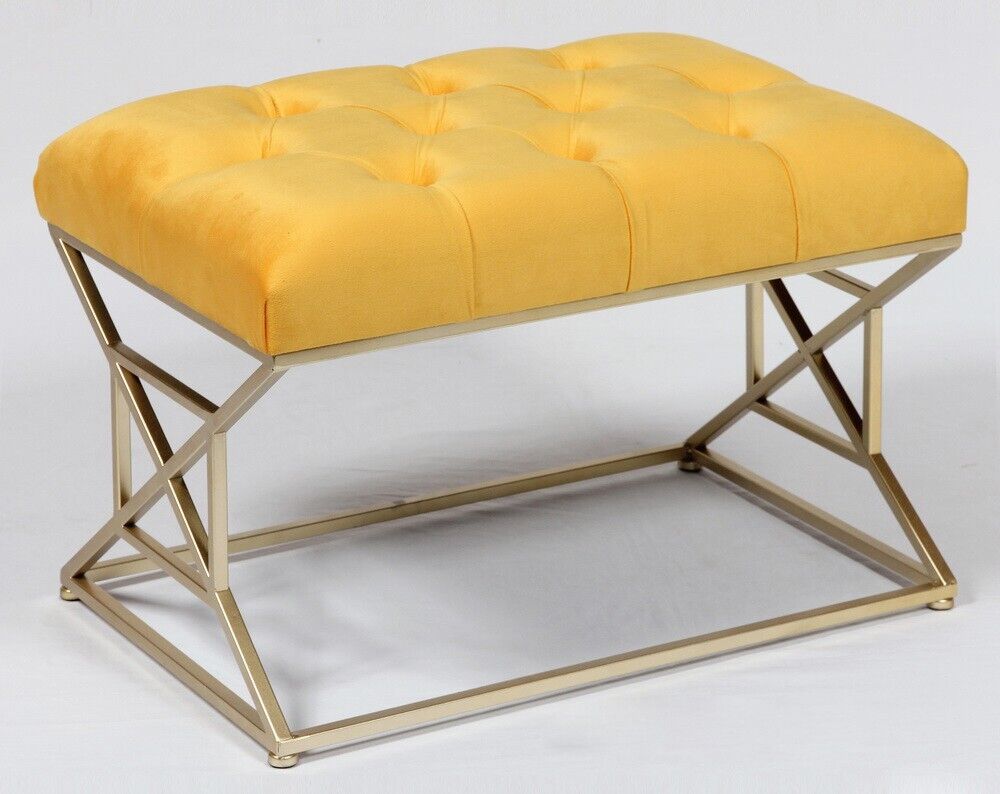Buy Tufted bench seat with gold metal base yellow velvet 60W 44H ...