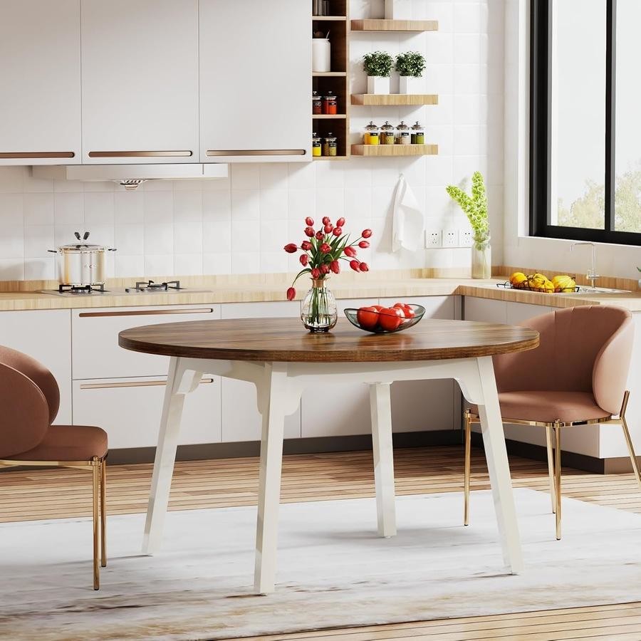 Buy OAKORY 120cm Round Dining Table with Rustic Brown MDF Top and White ...