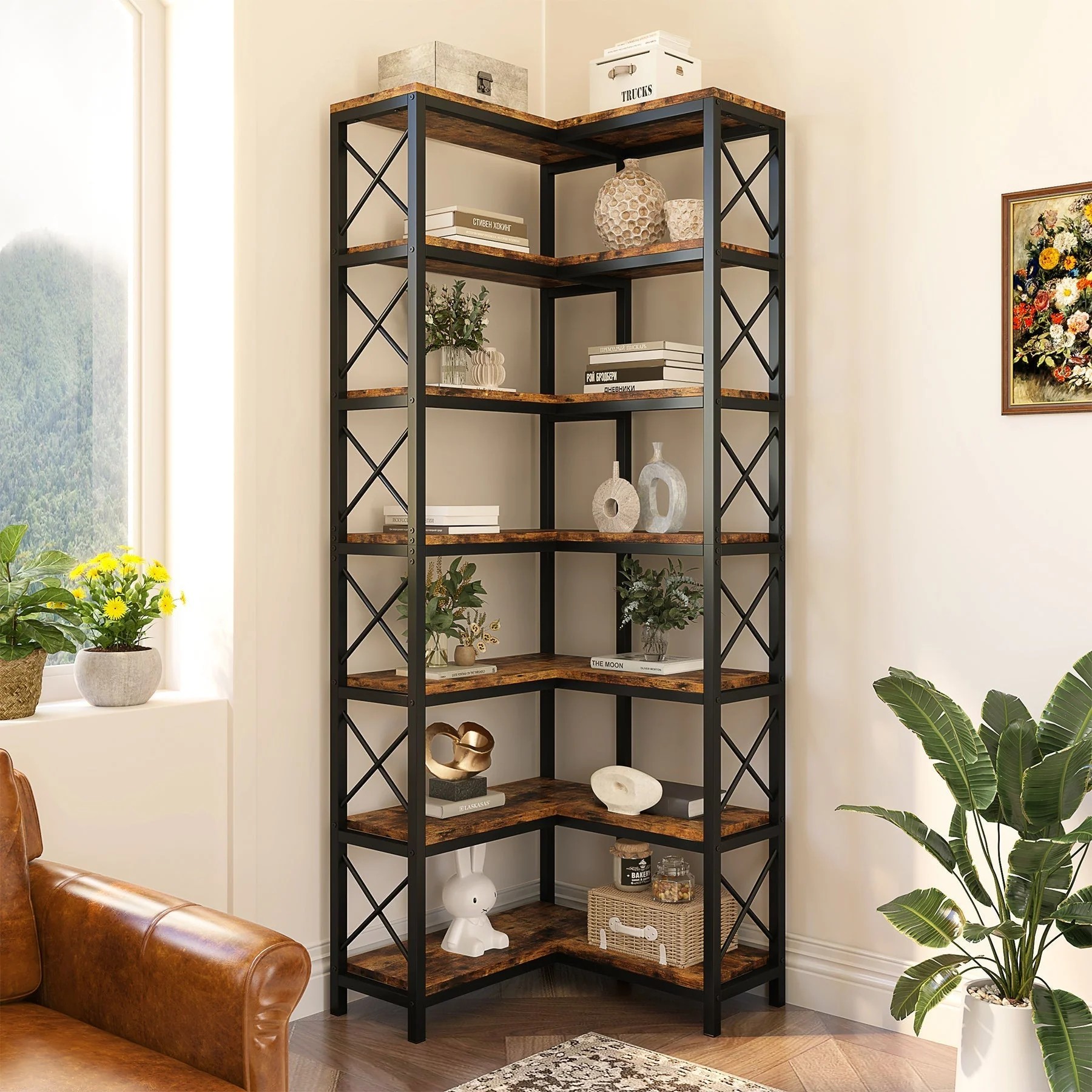 Buy OAKORY 7-Shelf Corner Bookshelf, Large Modern 200 cm Tall Corner ...