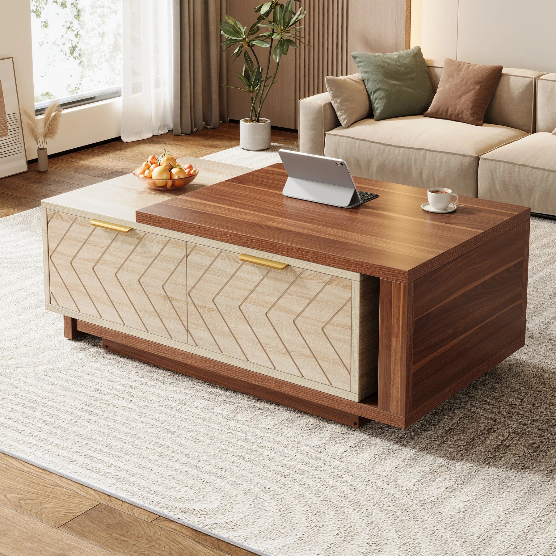 Buy OAKORY Extendable Wood Coffee Table Dual-Tone Center Table Modern ...