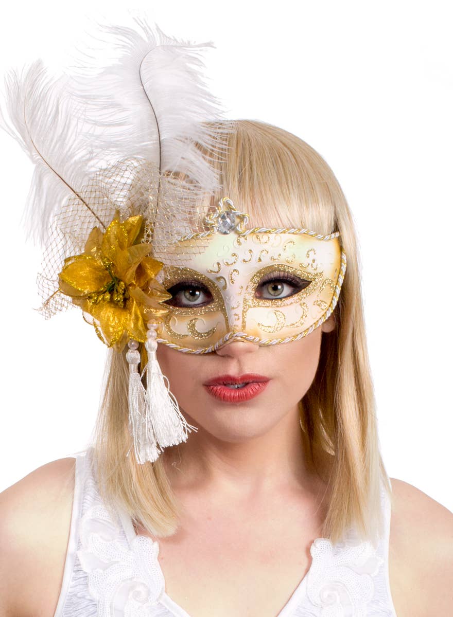 Buy Antoinette White and Gold Masquerade Mask - MyDeal Australia