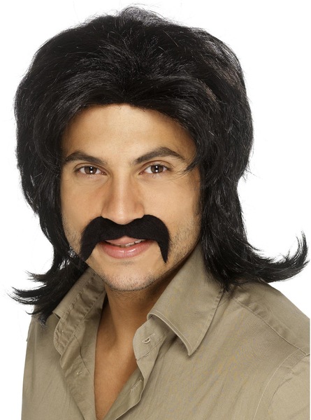 Buy Retro 70s Mens Black Costume Wig And Moustache Set - MyDeal Australia