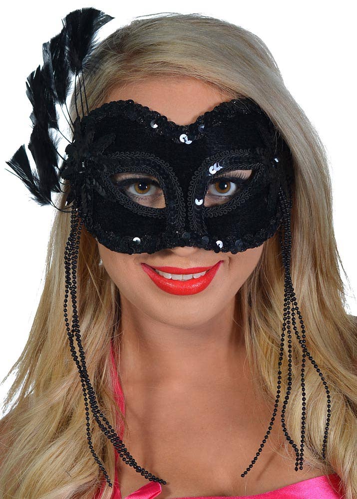 Buy Side Feather Spray Black Masquerade Mask - MyDeal Australia