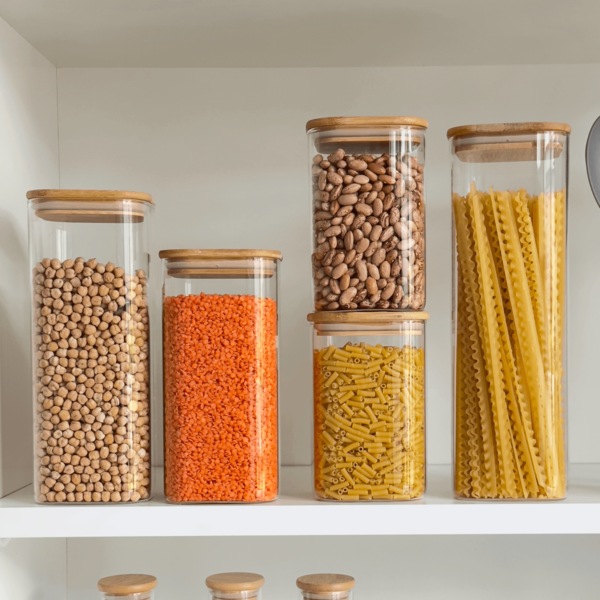 Buy Square Bamboo Glass Pantry Jar Set – 5 Stackable Sizes - MyDeal ...